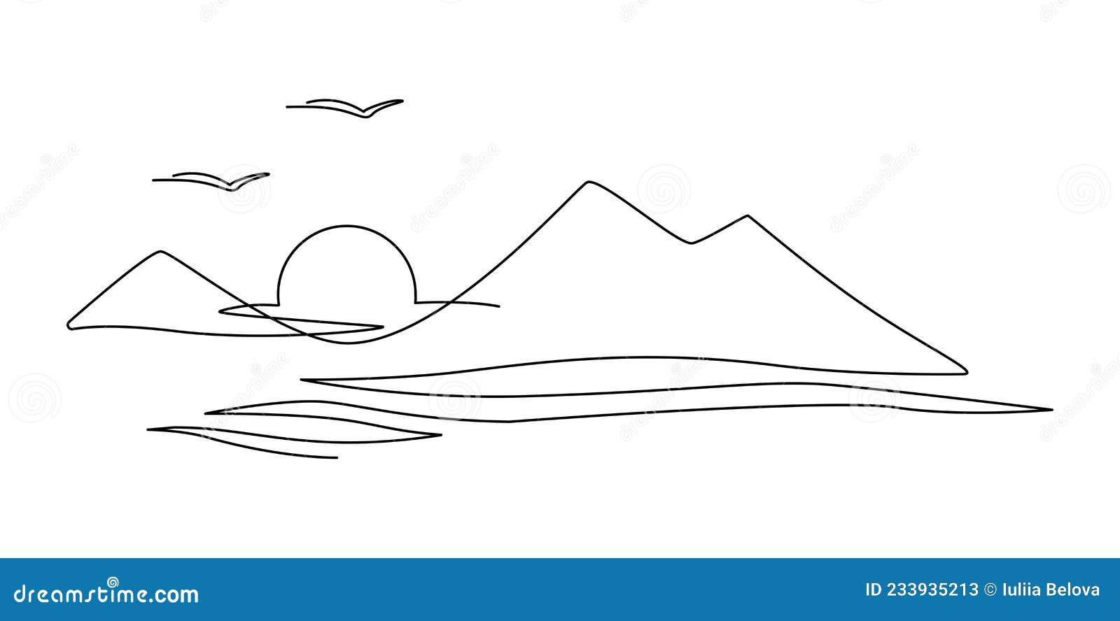 Sunset Over the Sea. Continuous Line Drawing. Vector Illustration Stock ...