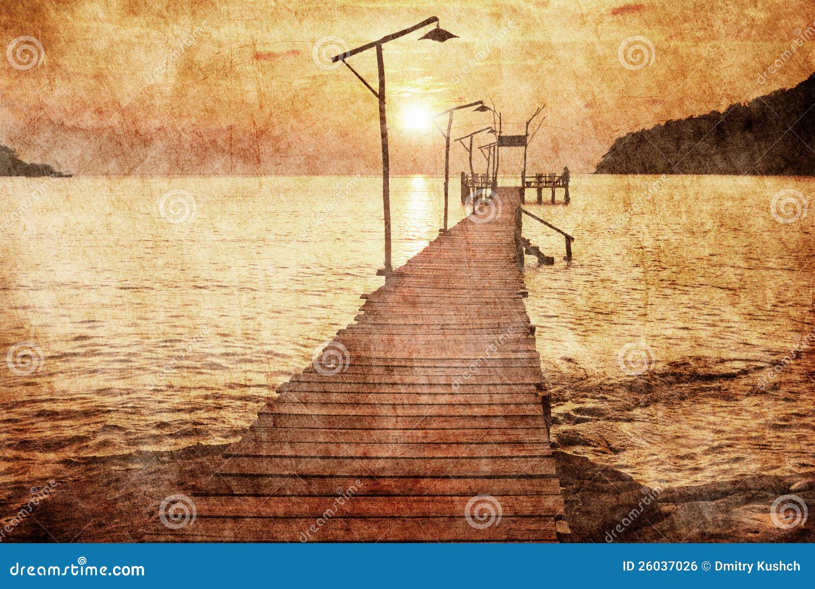 Sunset Over the Sea in Grunge Style Stock Photo - Image of orange ...