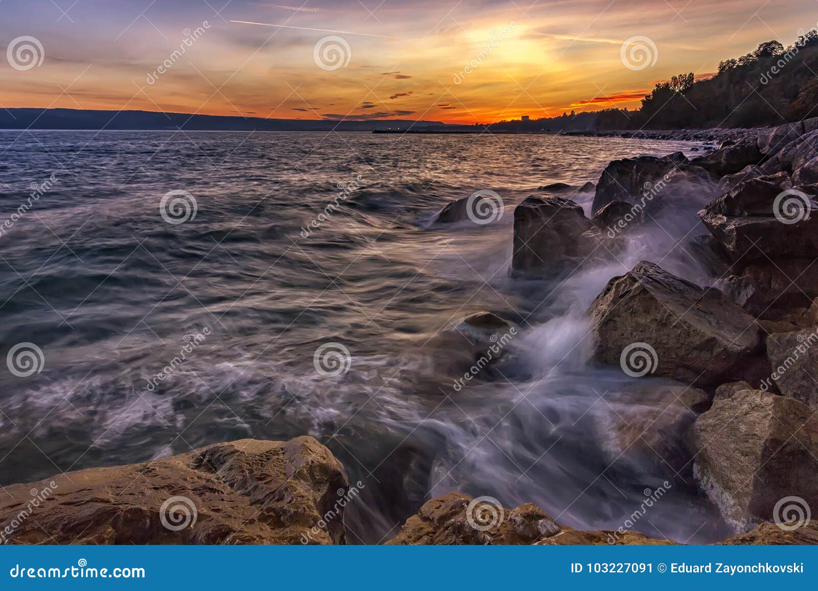 Sunset Over the Sea with Splash Waves Stock Image - Image of coast ...