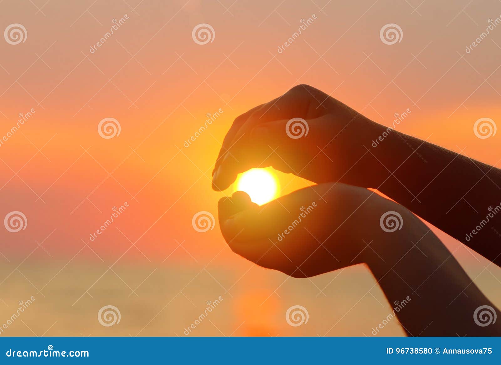 Sunset Over the Sea. the Sun in a Child`s Hand. Stock Photo - Image of ...