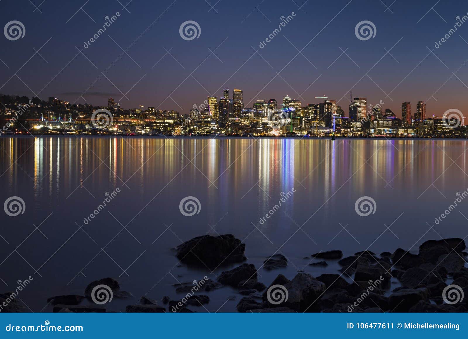 Sunset Over Seattle`s Skyline Creating Reflections in Lake Washington ...