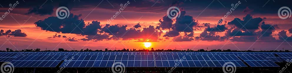 A Sunset Over a Solar Panel Field Stock Image - Image of modern, clouds ...