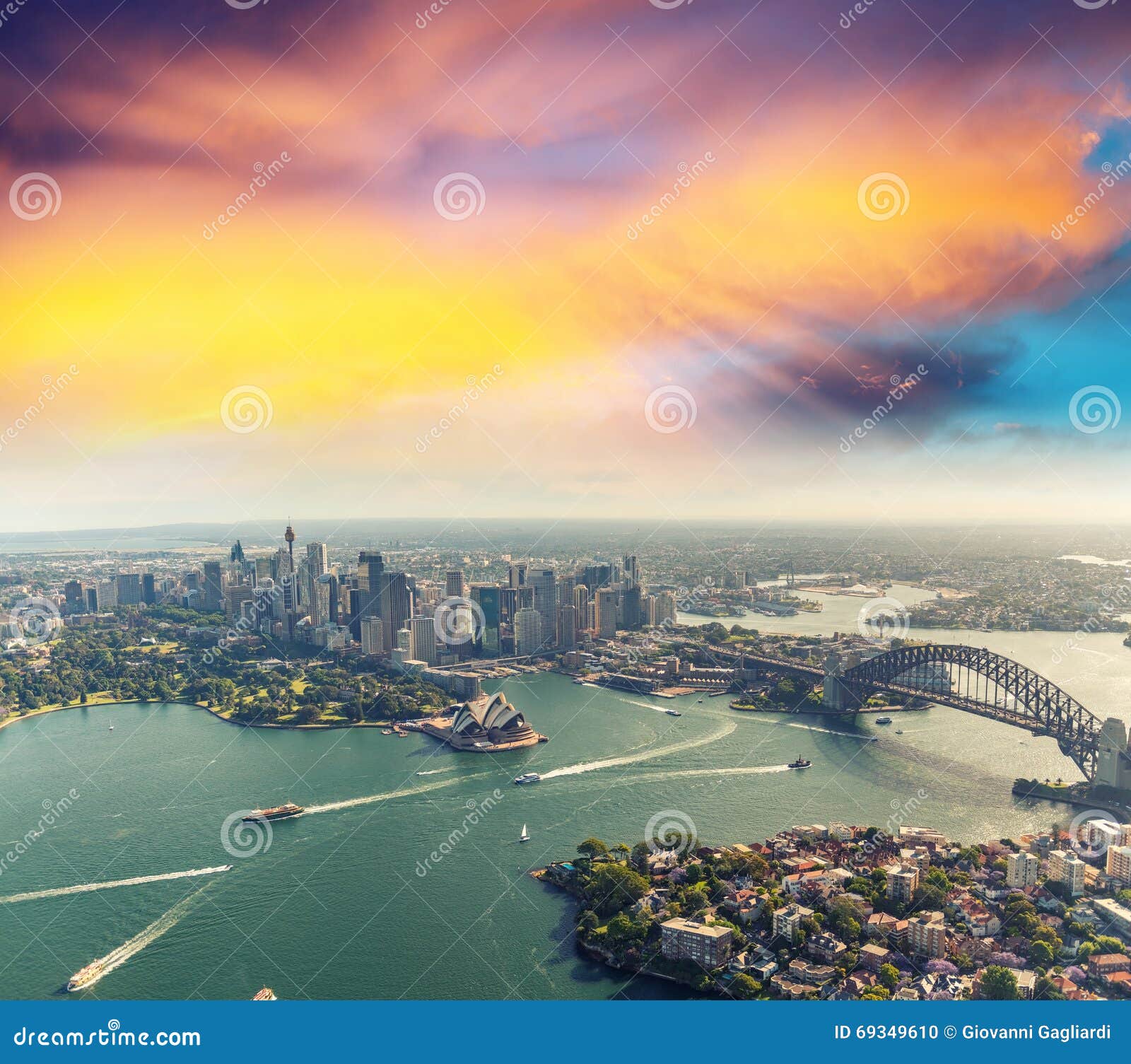 Sunset Over Sydney Harbour, Helicopter View Stock Photo - Image of ...