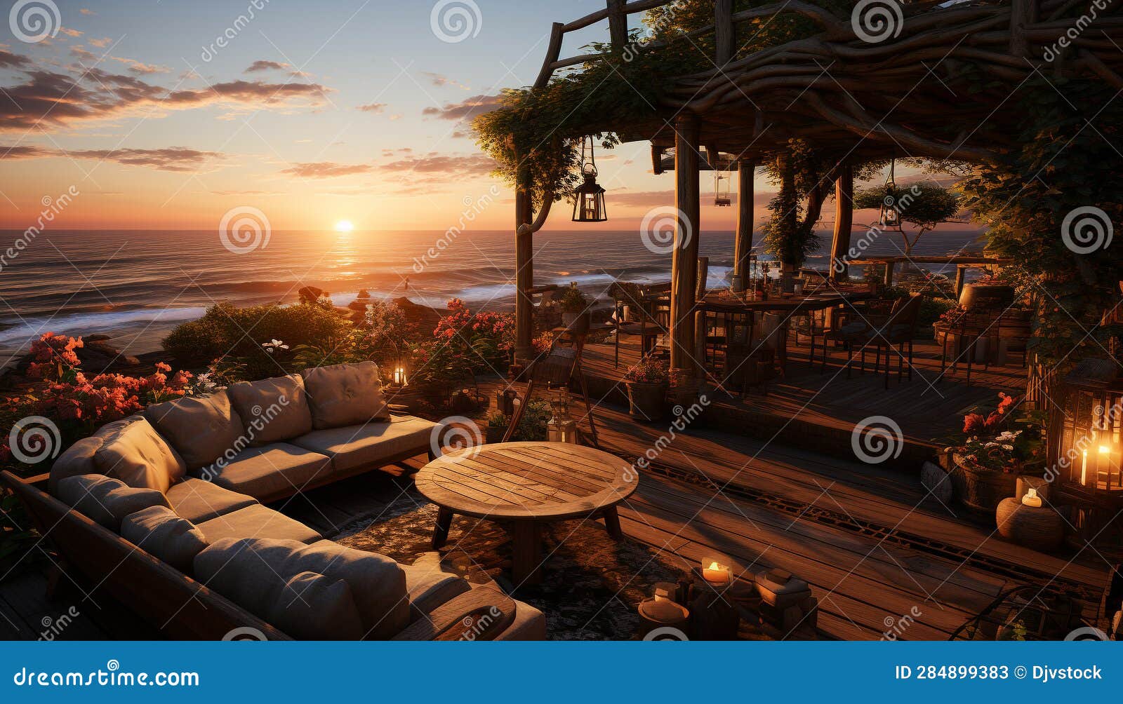 Sunset Over Tranquil Coastline, a Table on a Patio Illuminated ...