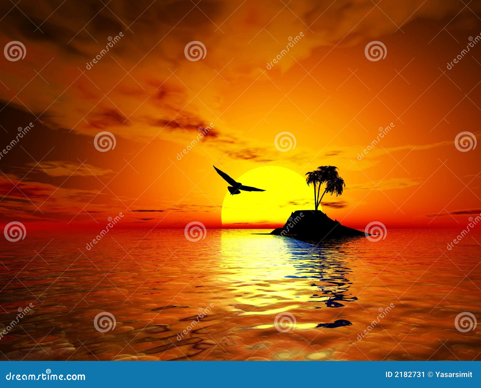 Sunset Over Tropical Island Stock Illustration - Illustration of flying ...