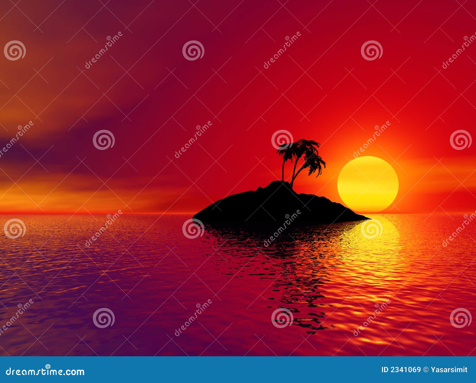 Sunset Over Tropical Island Stock Illustration - Illustration of ...