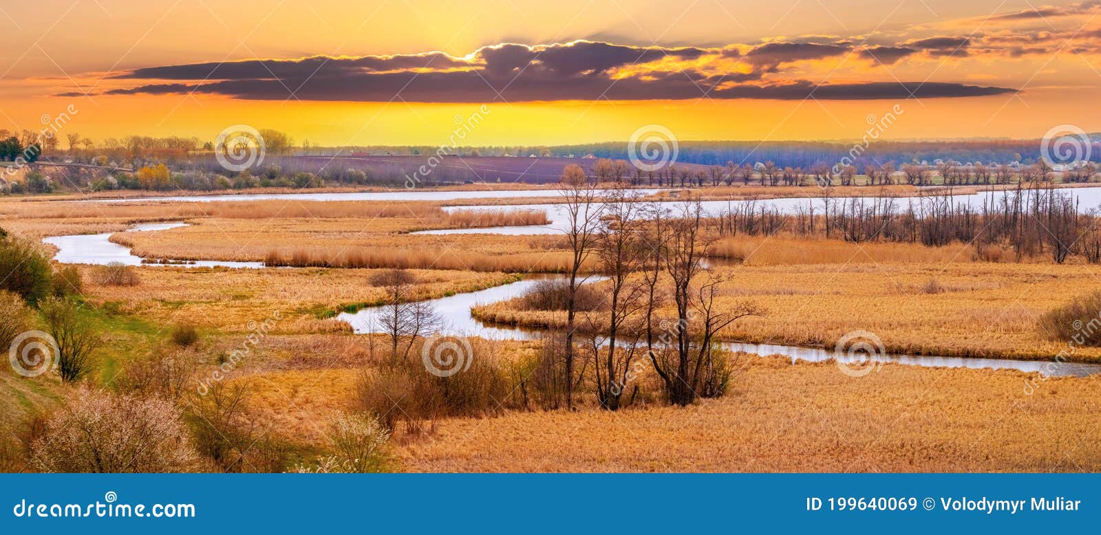 Sunset Over a Vast Plain with a Winding River Stock Image - Image of ...