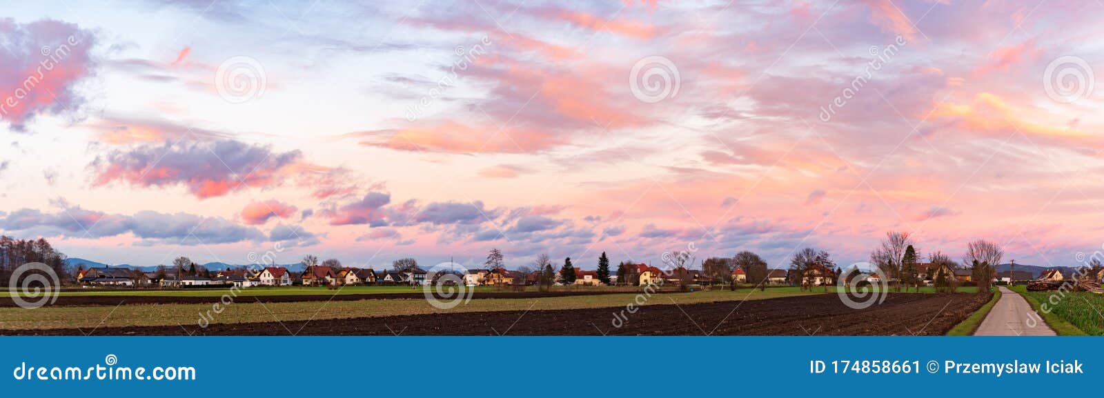 Sunset Over Village with Dramatic Sky, Panorama Stock Image - Image of ...