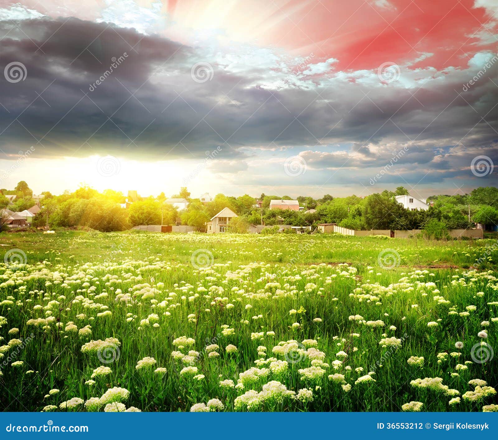 Sunset over the village stock photo. Image of colorful - 36553212