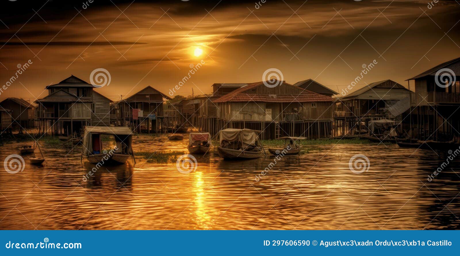 Sunset Over a Village on a River in Deep Cambodia. Stock Photo - Image ...
