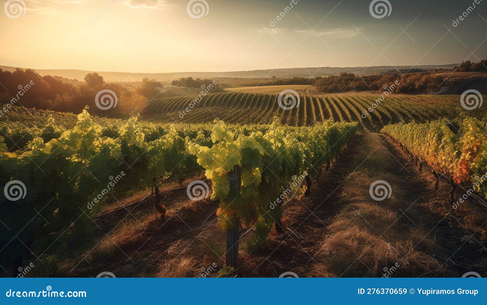 Sunset Over Vineyard, Ripe Grapes in Rows Generated by AI Stock ...