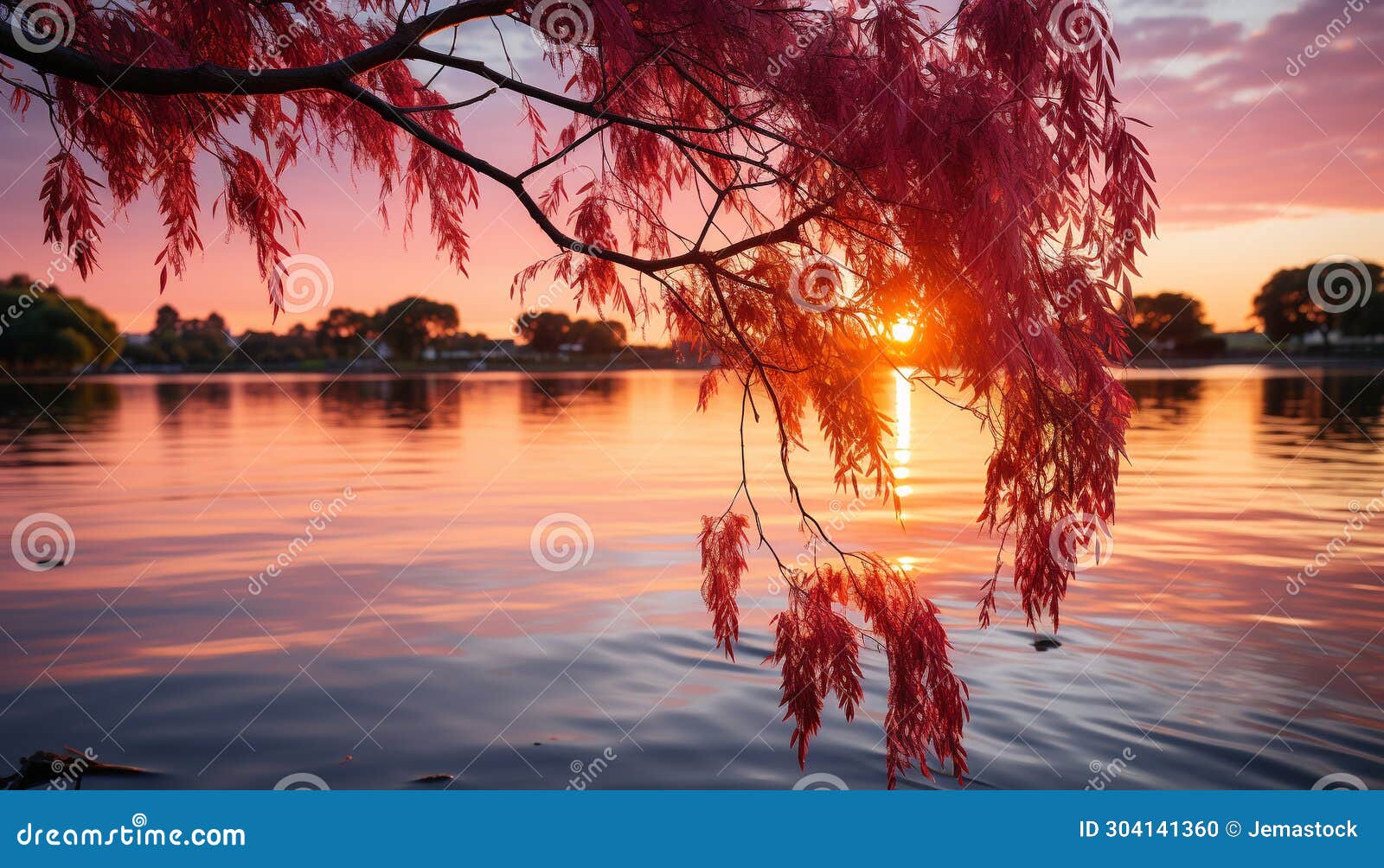 Sunset Over Water, Tree Silhouettes Create Tranquil Scene Generated by ...