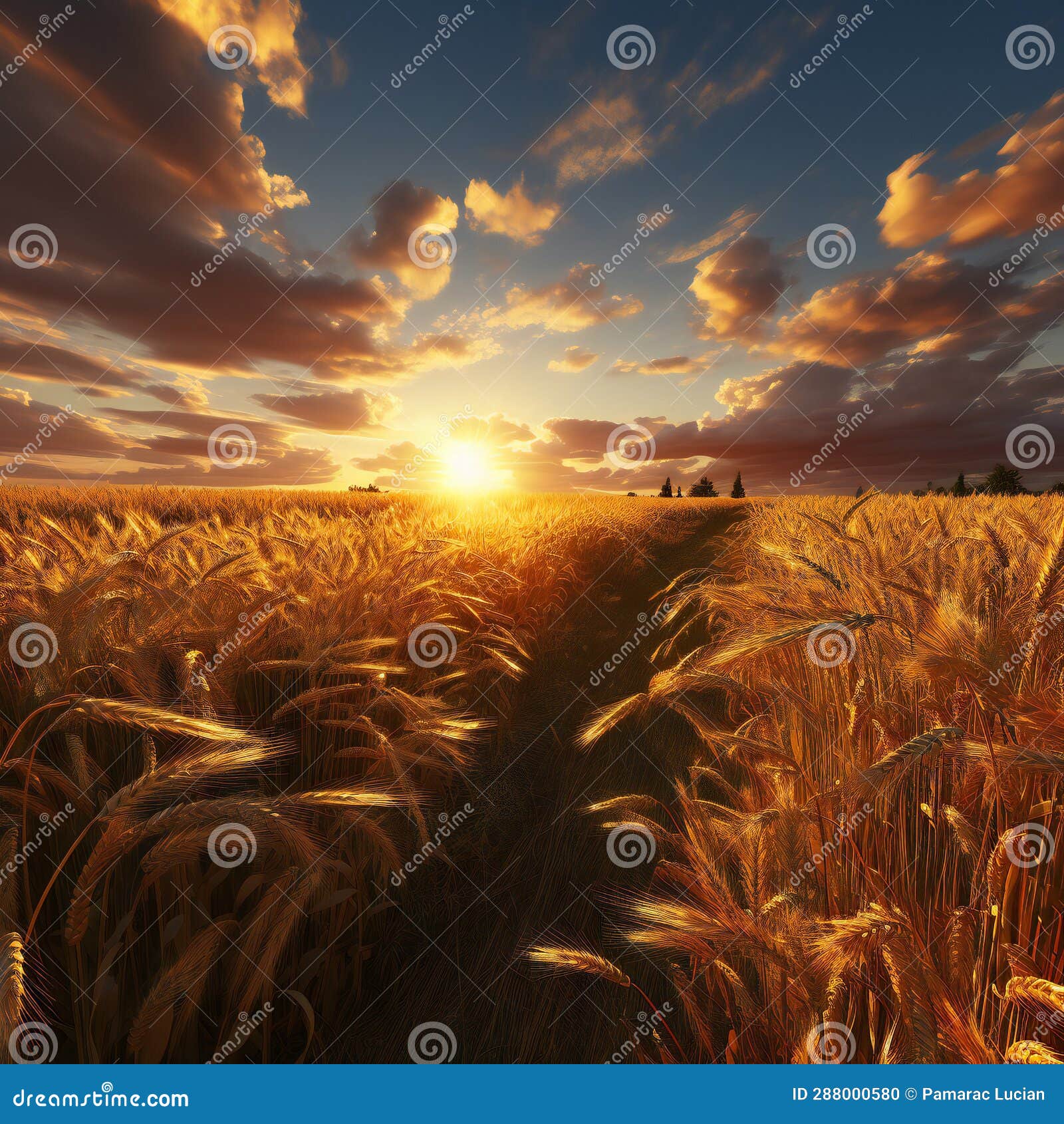 Sunset Over Wheat Field with Clouds in the Sky. 3d Render Stock ...