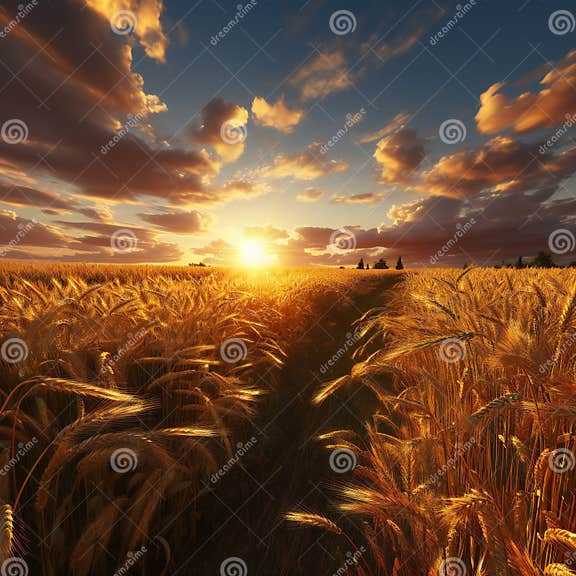 Sunset Over Wheat Field with Clouds in the Sky. 3d Render Stock ...