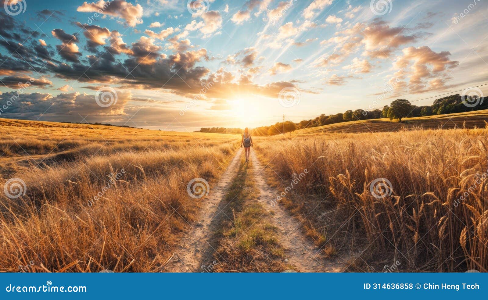 Sunset Over a Wheat Field with a Man Walking on the Path Stock Photo ...