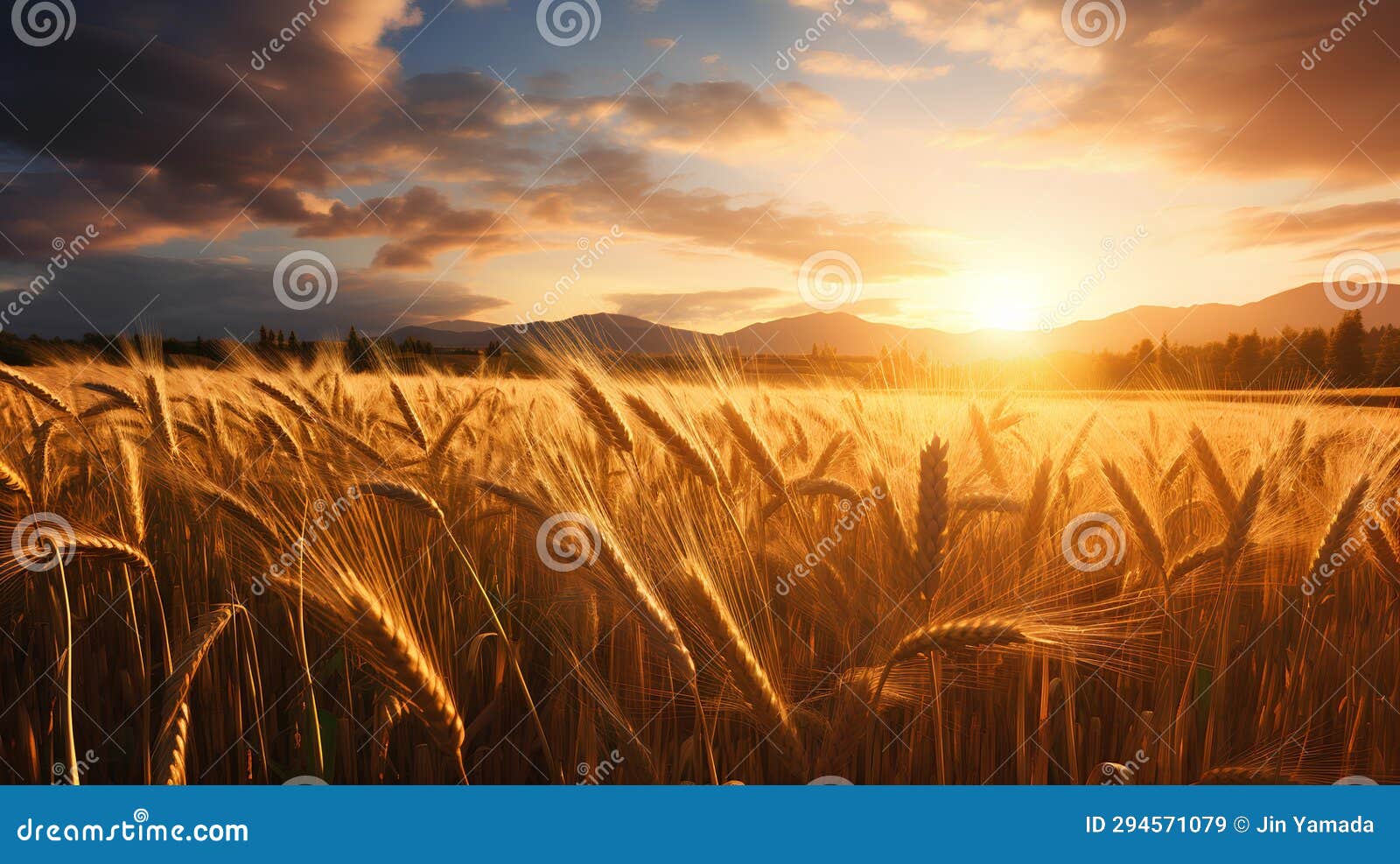 Sunset Over Wheat Field with Mountains in the Background. Nature ...