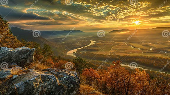 "Sunset Over Winding River and Mountain Range Stock Illustration ...