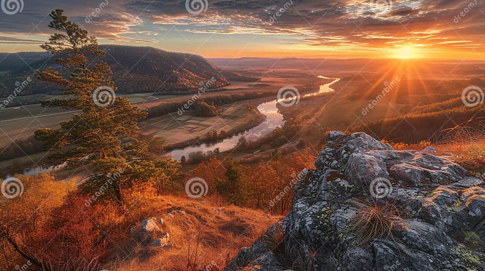 "Sunset Over Winding River and Mountain Range Stock Illustration ...