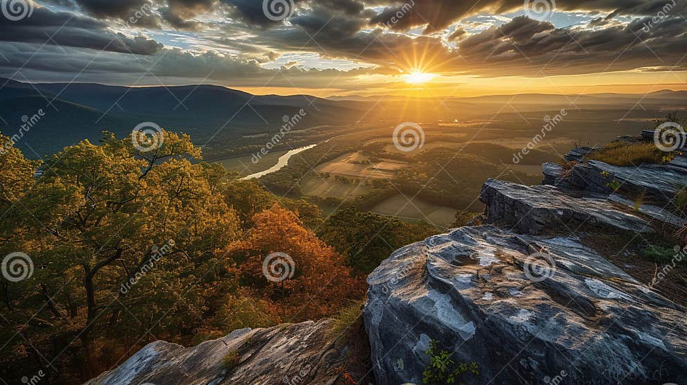 "Sunset Over Winding River and Mountain Range Stock Illustration ...