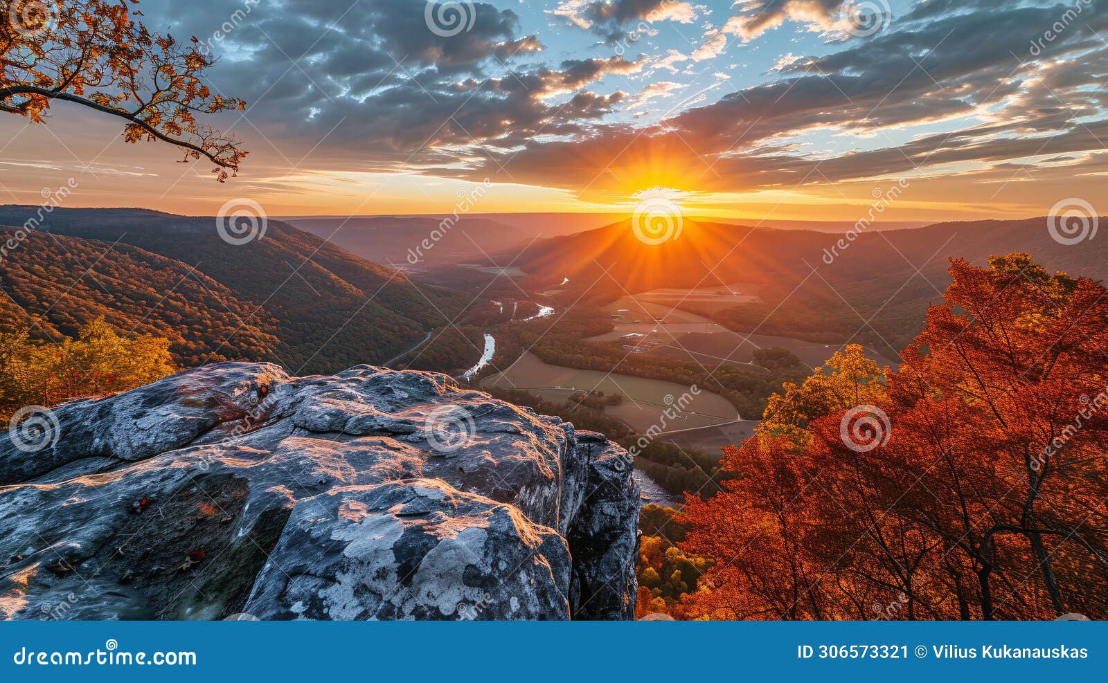 "Sunset Over Winding River and Mountain Range Stock Illustration ...