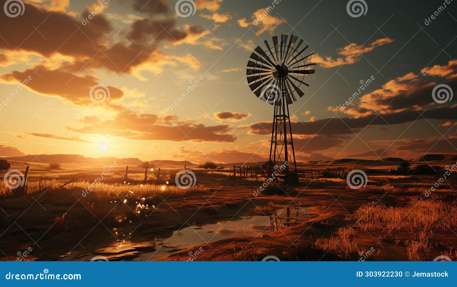 Sunset Over Windmill, Nature Power Generation in Motion Generated by AI ...