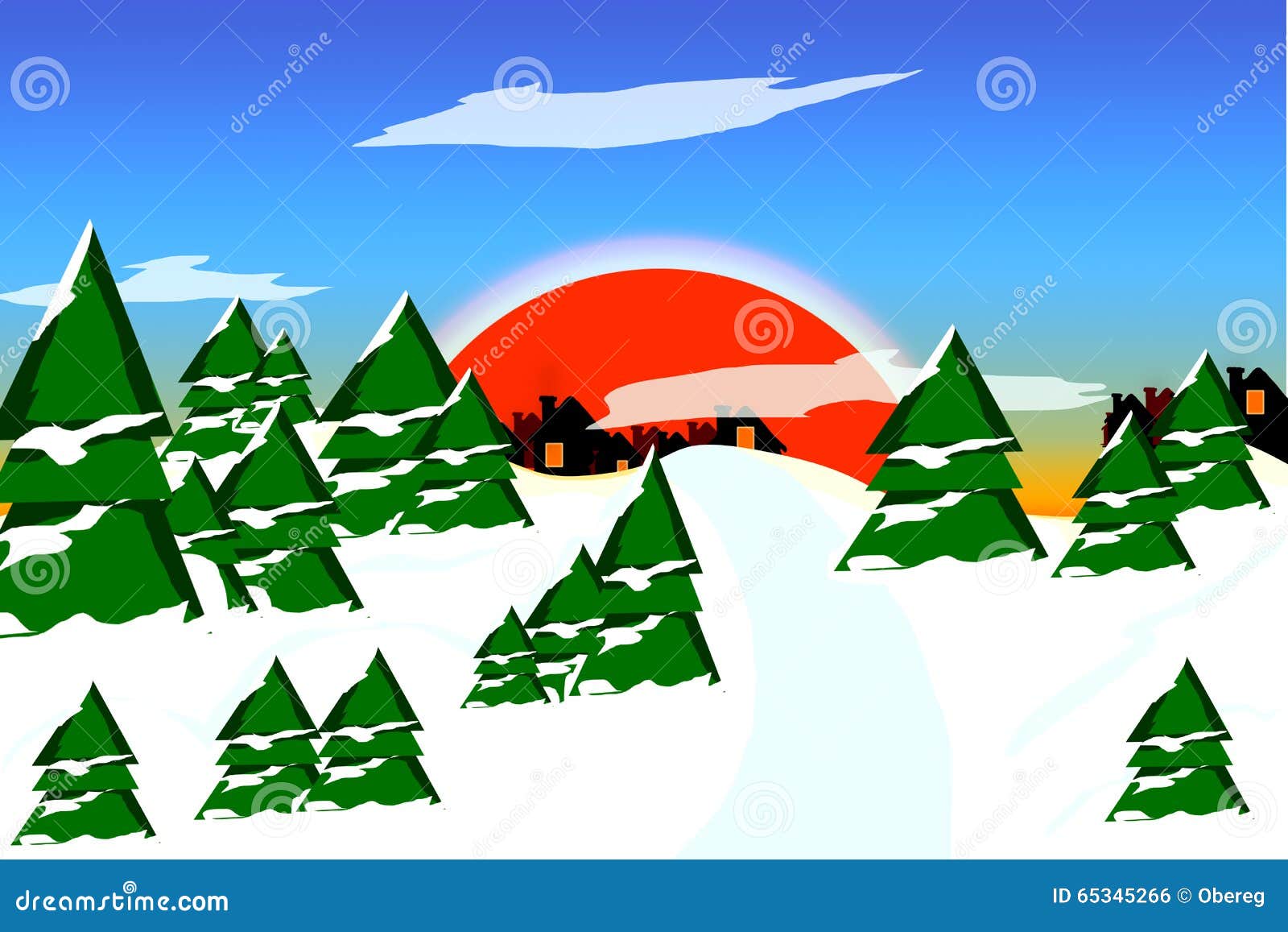 Sunset Over a Winter Forest. Cartoon Background Stock Illustration ...
