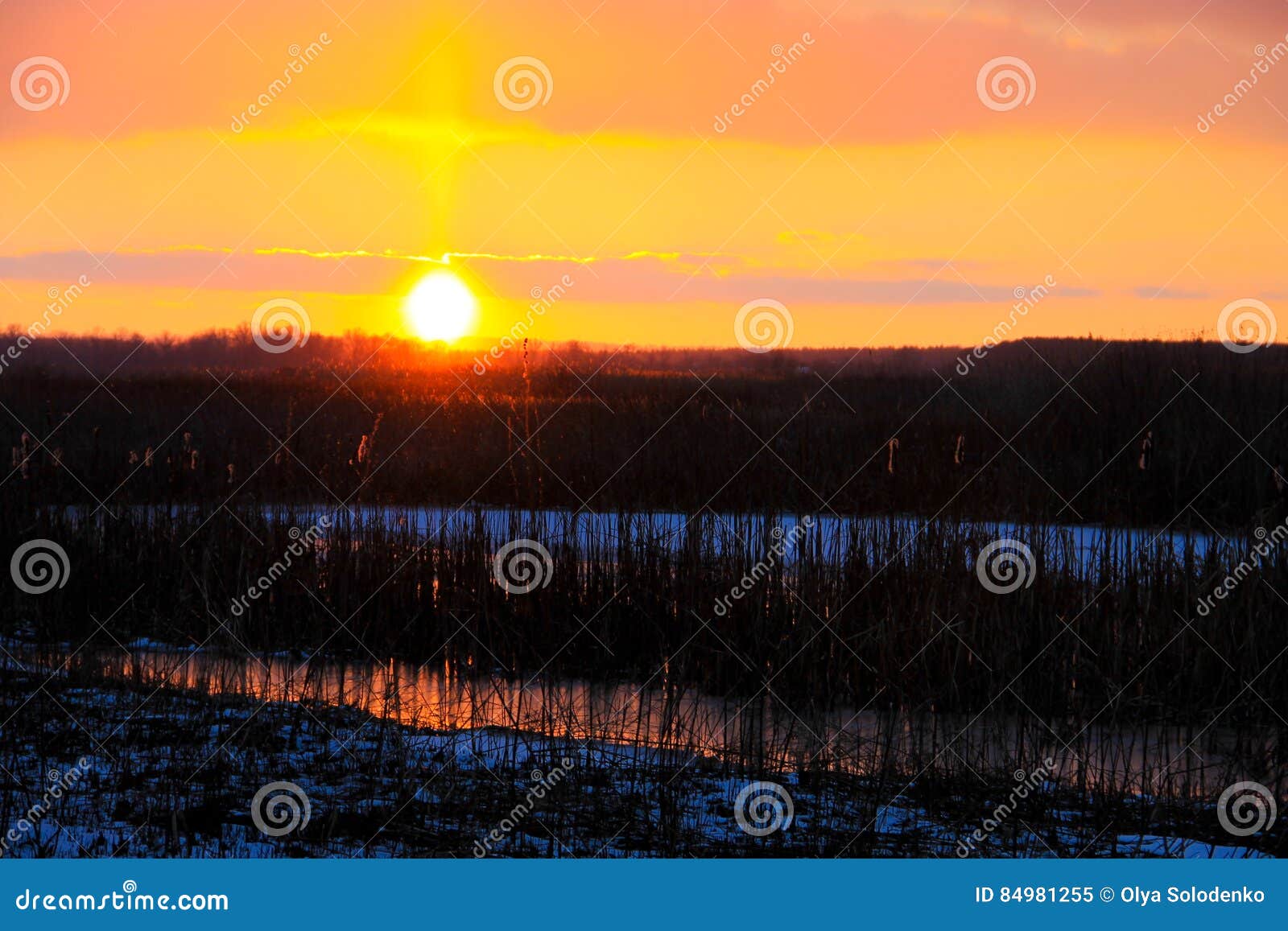Sunset over a winter river stock image. Image of december - 84981255