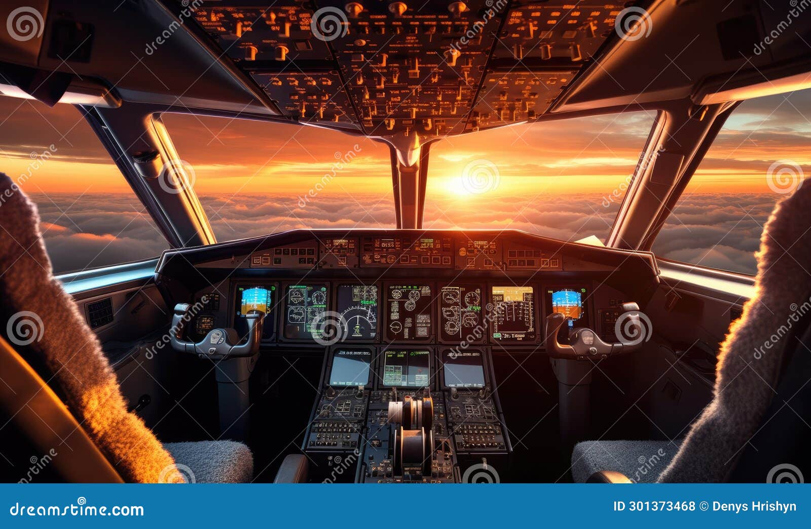 Sunset Overlooking Airplane Cockpit Stock Illustration - Illustration ...