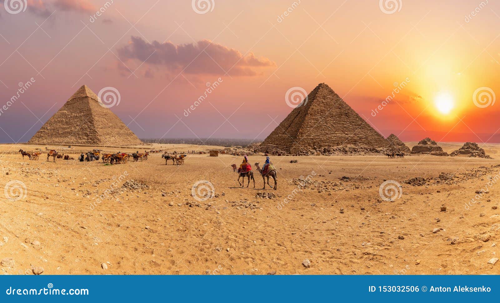Sunset Panorama of the Great Pyramids of Giza, Egypt Stock Photo ...