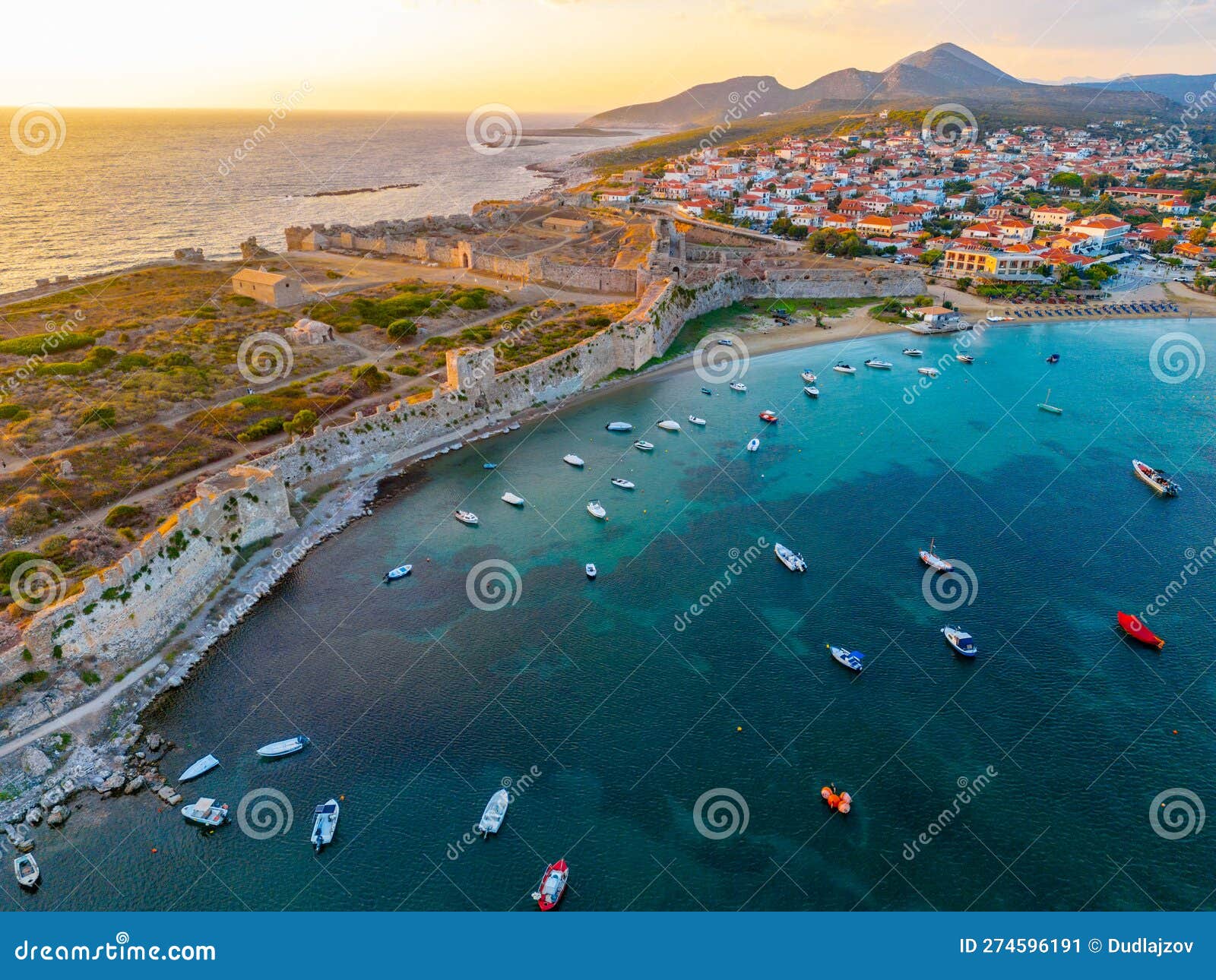 Sunset Panorama of Methoni Castle in Greece Stock Image - Image of town ...