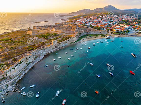 Sunset Panorama of Methoni Castle in Greece Stock Image - Image of town ...