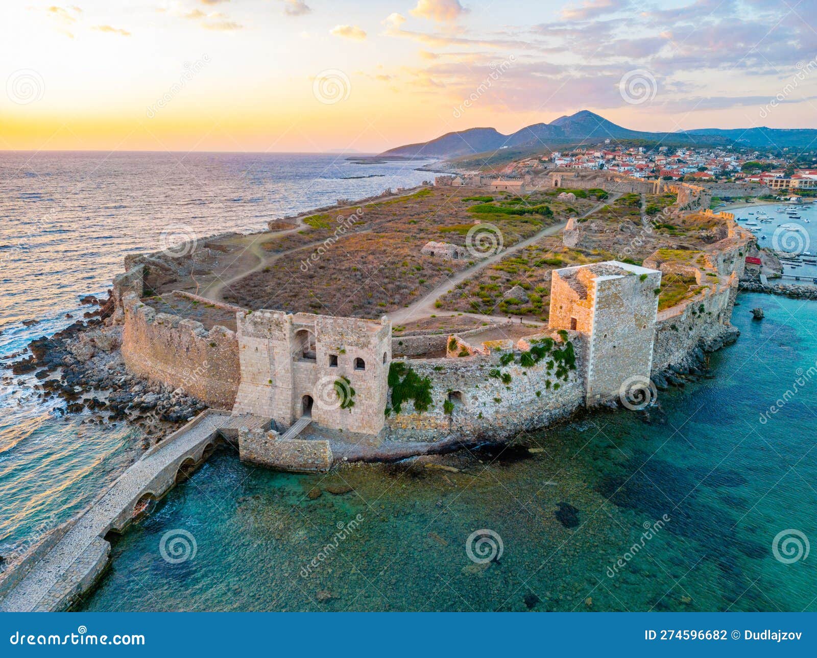 Sunset Panorama of Methoni Castle in Greece Stock Photo - Image of town ...