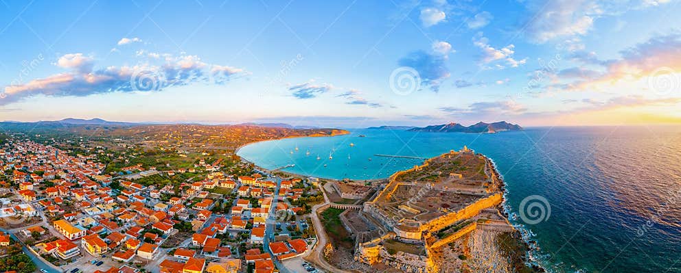Sunset Panorama of Methoni Castle in Greece Stock Image - Image of ...