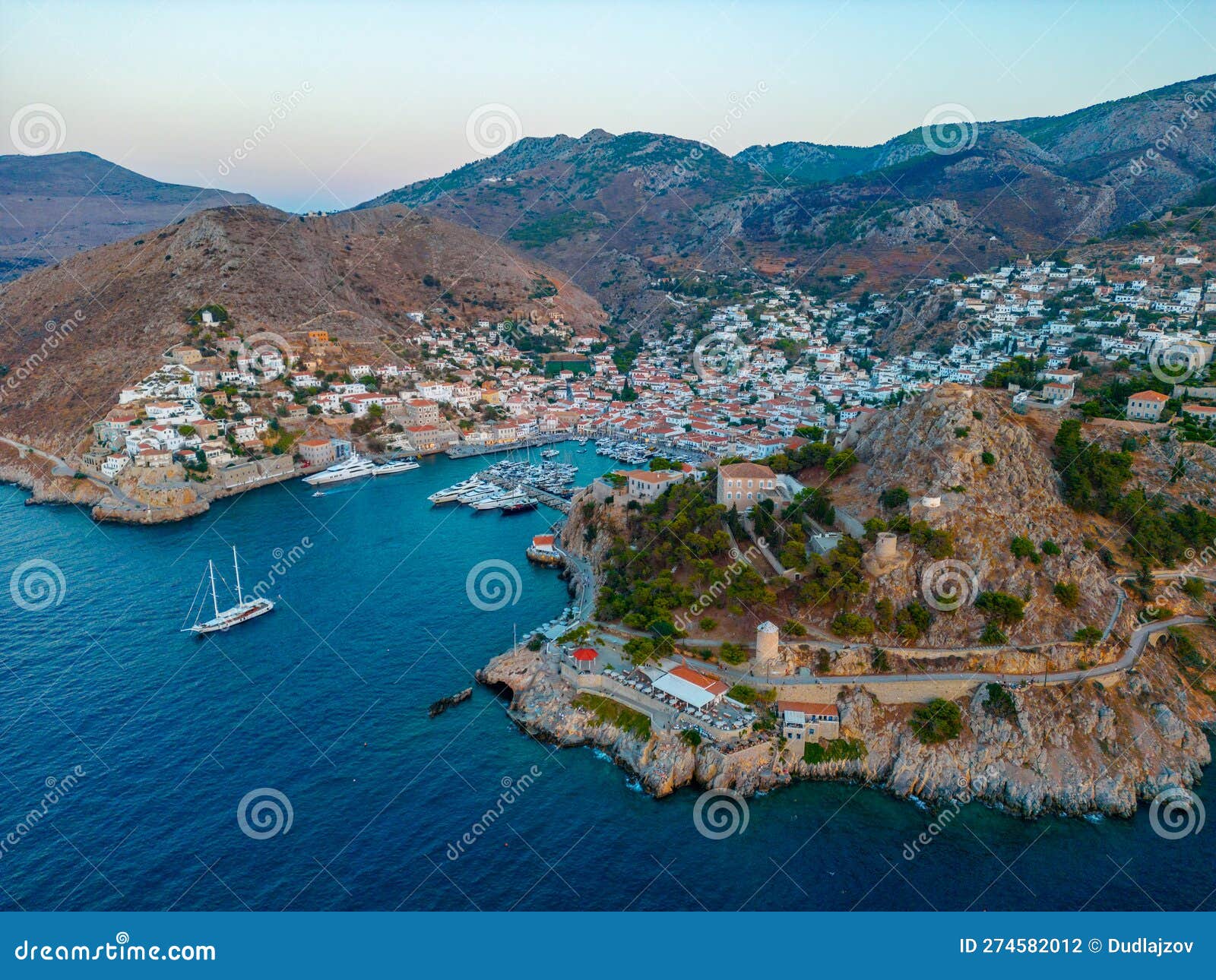 Sunset Panorama View of Hydra Town in Greece Stock Photo - Image of ...