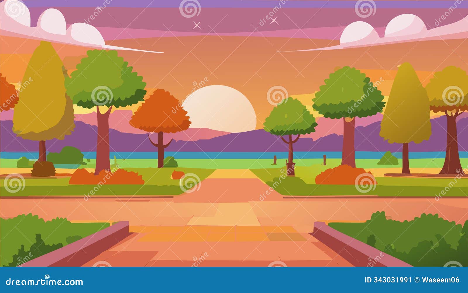 Sunset in the Park. Vector Illustration in Flat Cartoon Style Stock ...