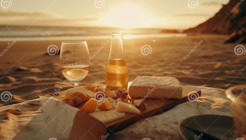 Sunset Picnic on the Beach Wine, Bread, and Relaxation Stock ...