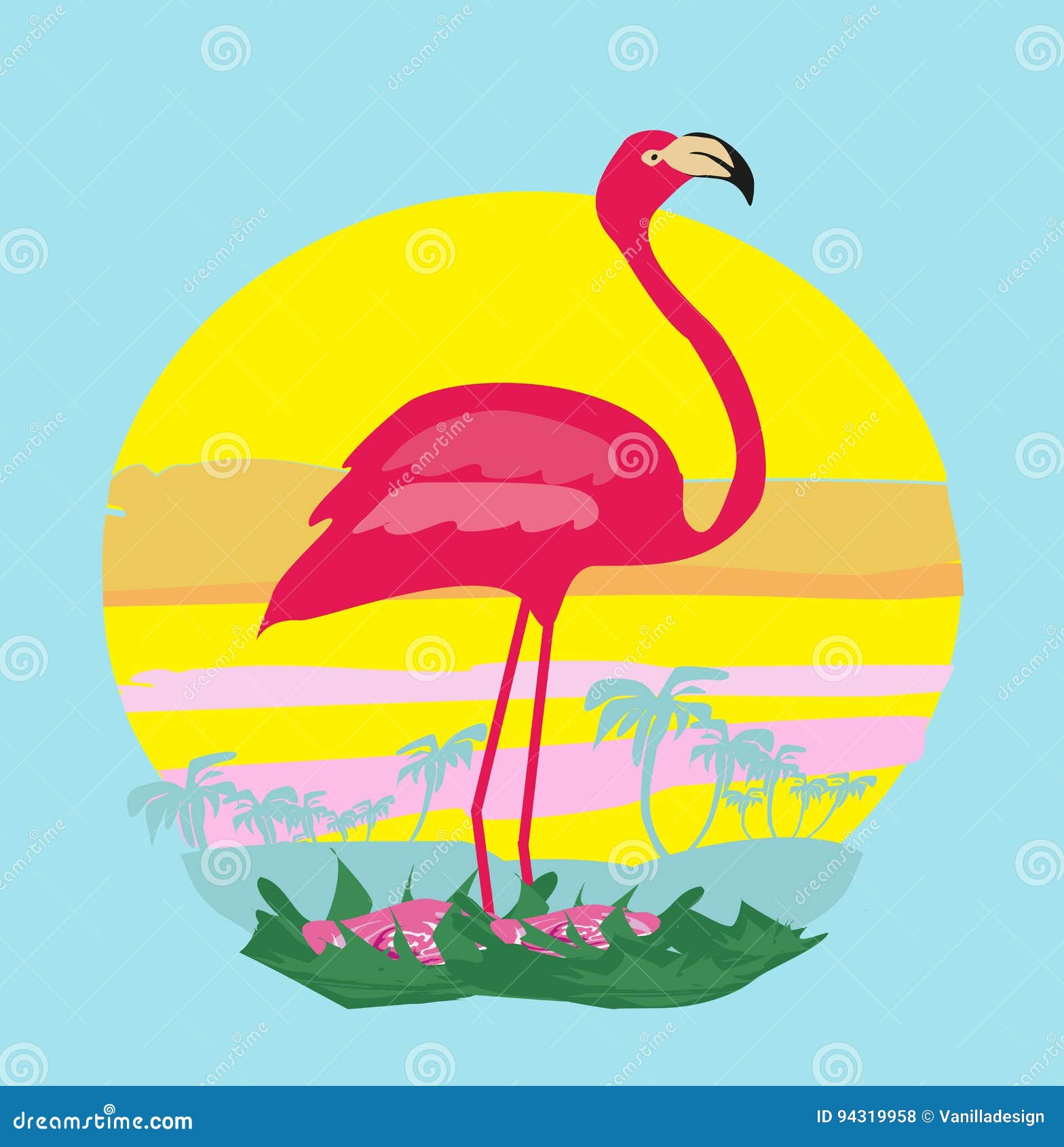 Sunset and pink flamingo stock vector. Illustration of flowers - 94319958
