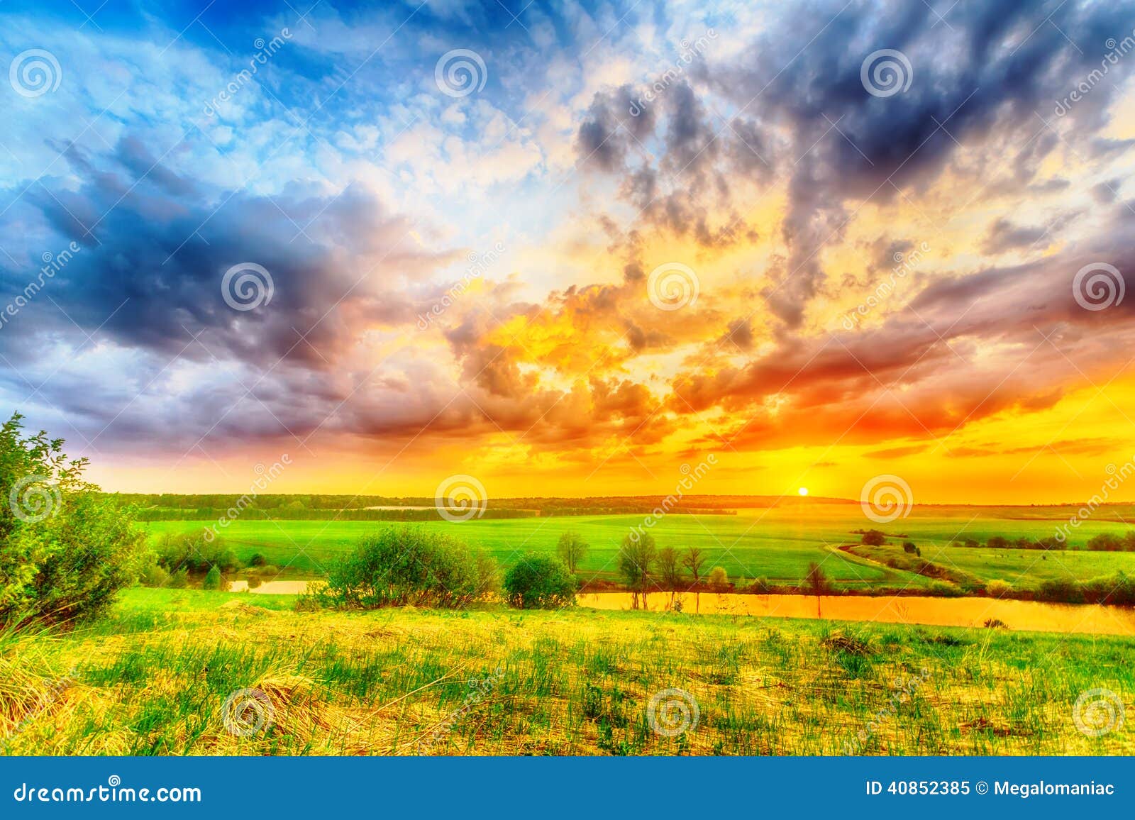 Sunset on the plain stock image. Image of pond, orange - 40852385