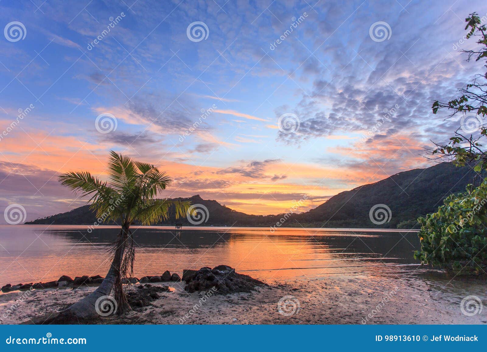 Sunset in Polynesia stock photo. Image of palm, beach - 98913610