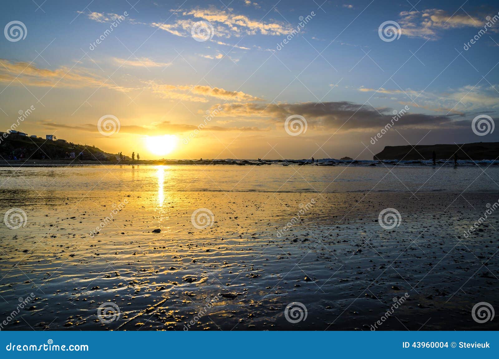 Sunset at Polzeath Beach, Cornwall, UK Stock Photo - Image of seagull ...