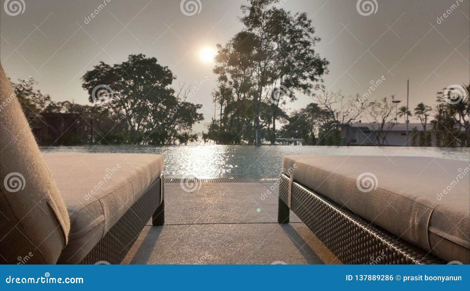 Sunset at the pool stock photo. Image of sunset, sunbed - 137889286