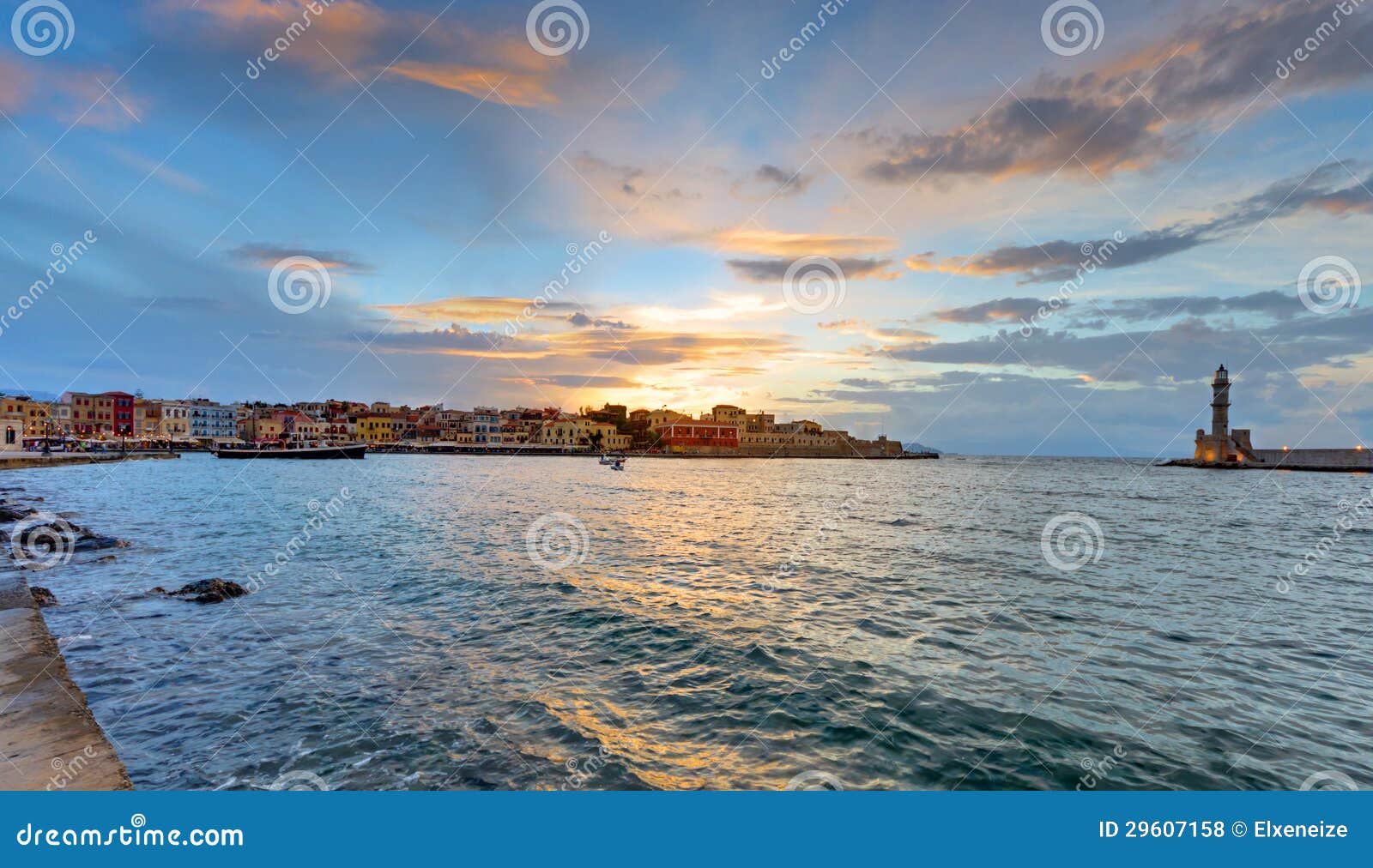 Sunset in the Port of Chania Stock Photo - Image of chania, lighthouse ...