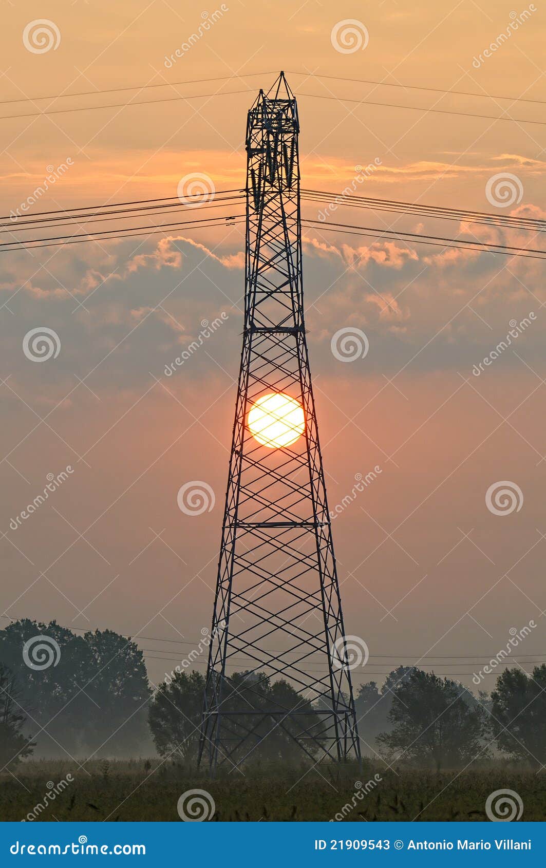 Sunset in Power Pylons stock image. Image of high, sign - 21909543