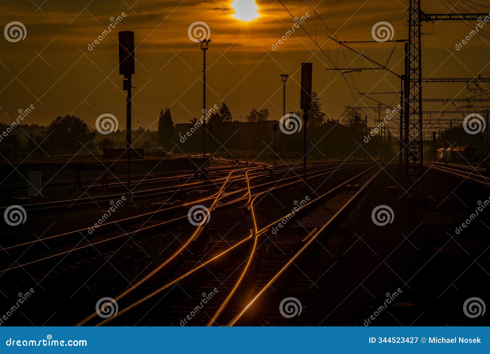 Sunset with Railway Track and Railroad Switch Semaphore Silhouette ...