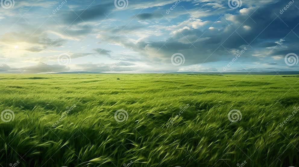 Sunset after Rain, Wind Grass Field Stock Illustration - Illustration ...