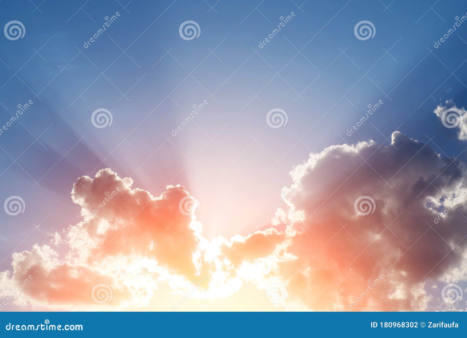 Sunset Rays Behind the Clouds and Shadows on Blue Sky, Copy Space ...