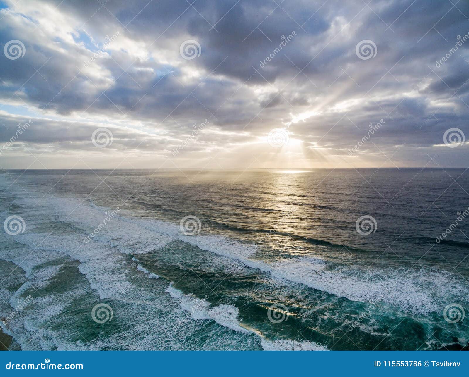 Sunset Rays Over Ocean Waves. Stock Photo - Image of relaxation, aerial ...