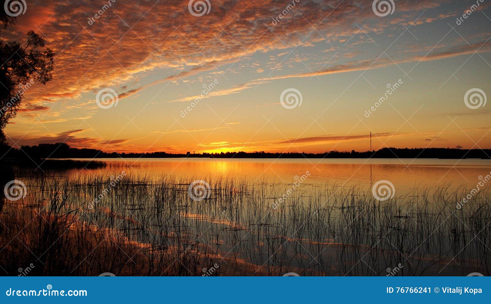 Landscape with Warm Sunset and Red Clouds Stock Image - Image of summer ...