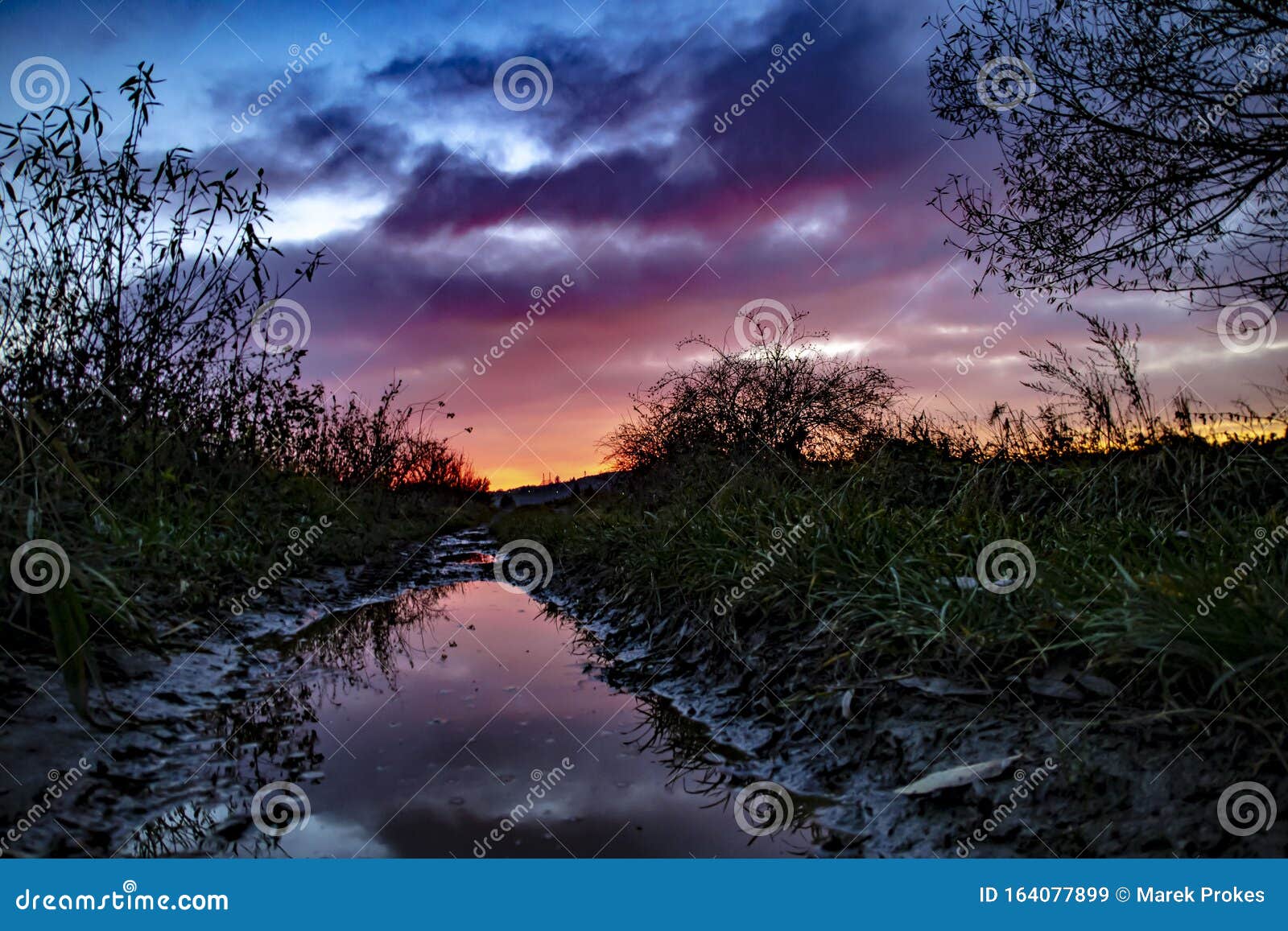 The Sunset is Reflected in a Puddle of a Road Stock Image - Image of ...