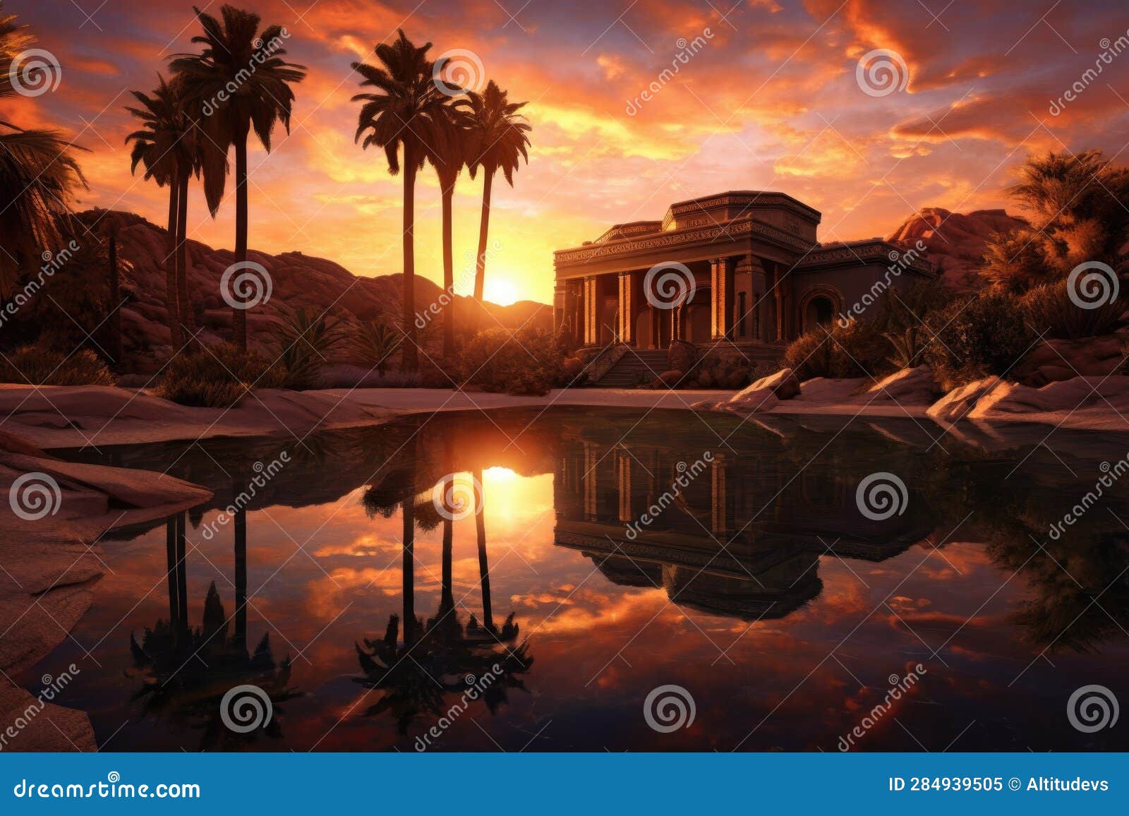 Sunset Reflecting on a Serene Desert Oasis Stock Illustration ...